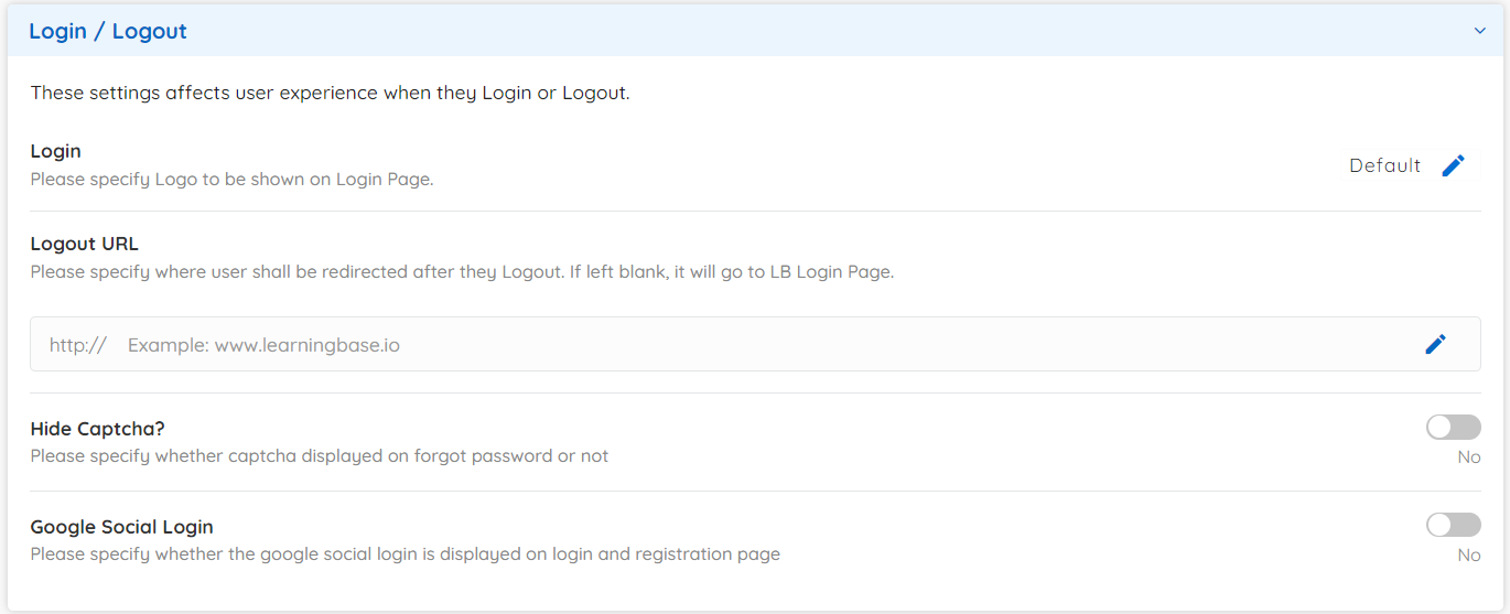 Experience: Login/Logout Settings